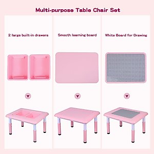 Domaker Table and Chair Set, Multi Activity Height Adjustable Table with 2 Chairs,Pink