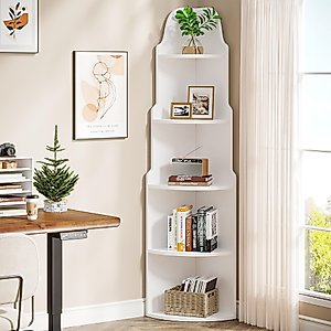 Tribesigns 69" White Corner Shelf, 5-Tier Modern Corner Bookshelf, Small Bookcase Plant Stand Storage Rack with Tower Shape for Living Room, Home Office, Kitchen