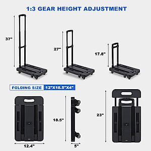 Outspurge Folding Hand Truck Dolly 600LB ，Portable Dolly for Heavy Duty Moving Luggage Carts with 6 Wheels Dolly with Handle 2 Elastic Rope for Travel, Moving, Shopping,Office Use