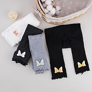Looching 4 Pack Baby Toddler Kids Girls Footless Tights Cotton Leggings Cable Ribbed Knit Ruffle Stocking Pant with Bow(12-24 Months)