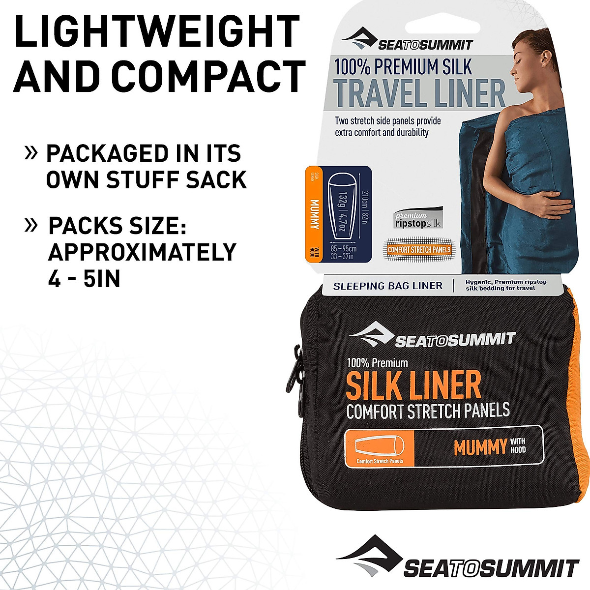 Sea to Summit Premium Silk Sleeping Bag Liner, Traveller w/Pillow Slip (88x37 inches)