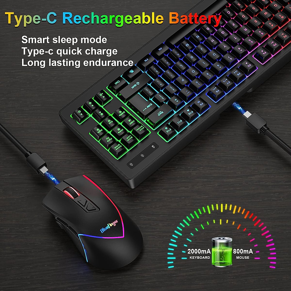 BlueFinger Wireless Gaming Keyboard and Mouse Combo, Long Lasting Rechargeable Battery 87 Keys RGB Rainbow Backlit Gaming Keyboard & Ergonomic Light Up Gaming Mice for Mac Laptop Computer PC Gamer