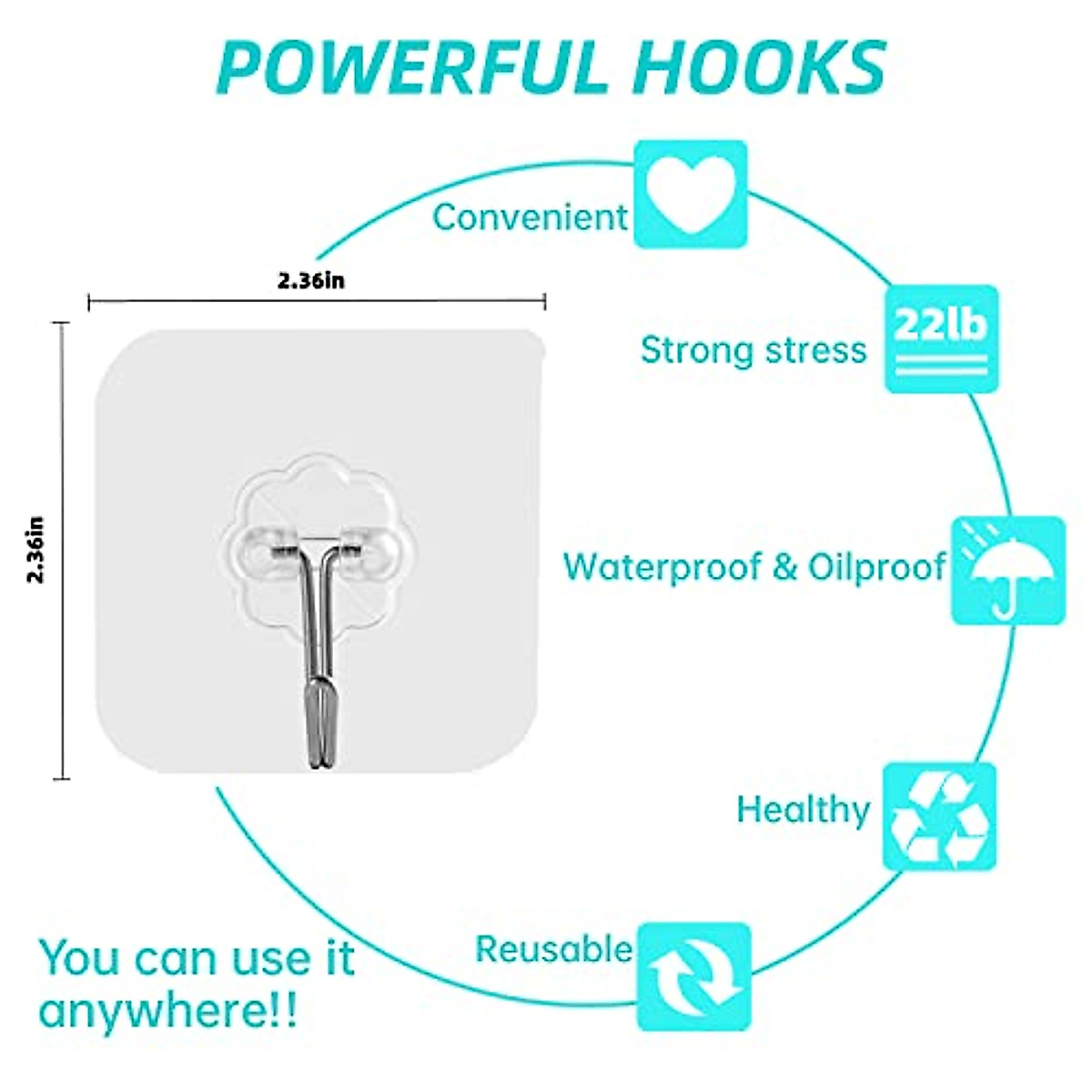 JEETAO Adhesive Hooks for Hanging Wall Hooks 22lbs(Max) Haning Hooks Transparent Reusable Seamless Hooks, Strong Bathroom Kitchen Hooks,24 Pack