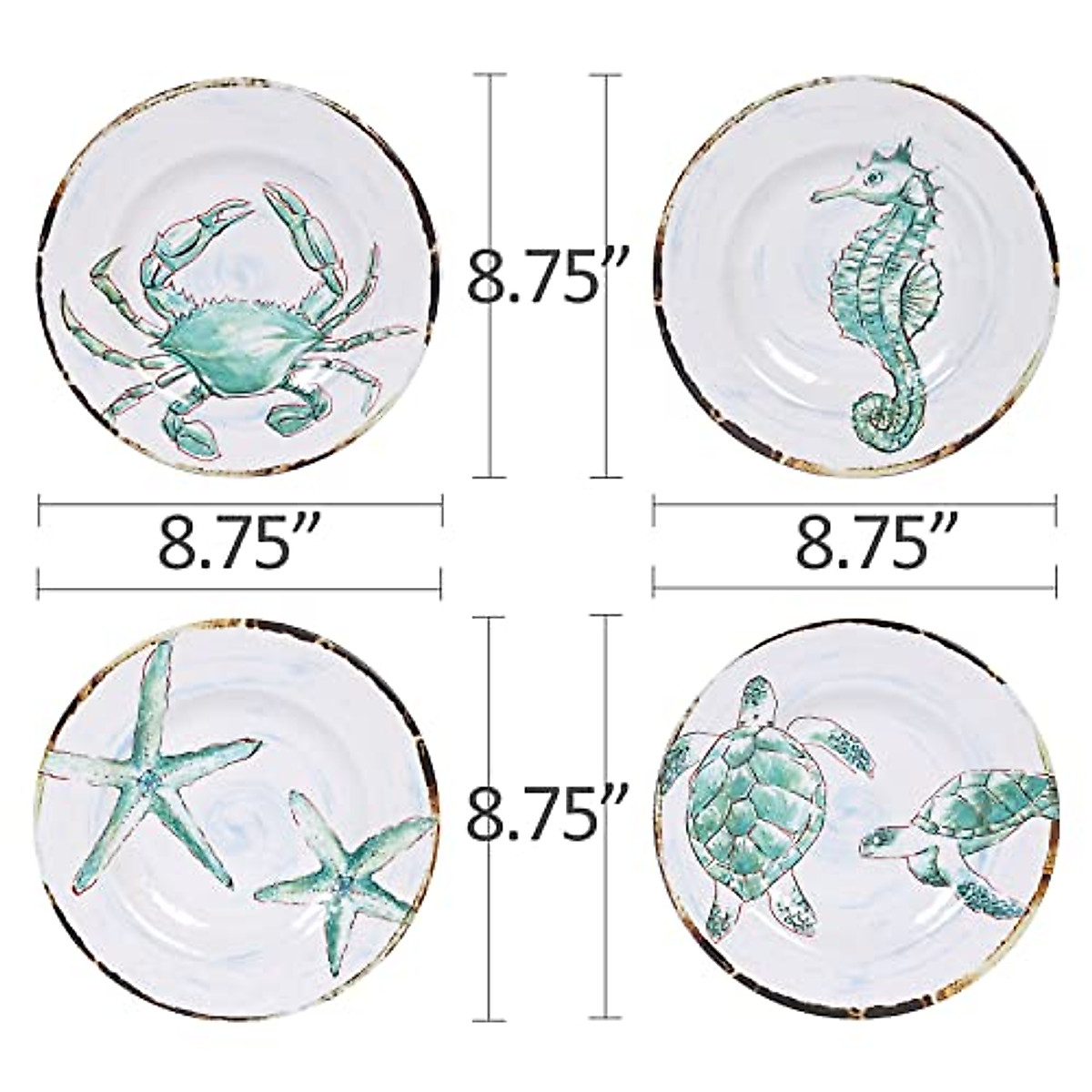 Gofunfun Melamine Salad Plates Set of 4, Salad/Dessert Plate for Outdoor/Indoor Use, Shatterproof, BPA Free, Dishwasher Safe Small Dinner Plates, Marine Life