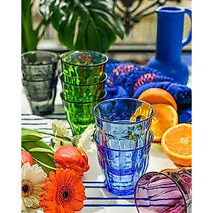 Duralex Made In France Picardie Glass Tumbler Drinking Glasses Set of 4. Size 8-3/8 oz, Mixed Colors: Plum, Green Marine Blue, Grey.