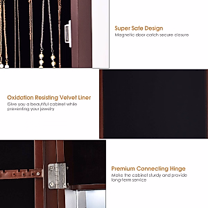 Giantex Jewelry Armoire Cabinet Wall Door Mounted with Full Length Mirror, Jewelry Organizer with Makeup Mirror, Ring Earring Slots, Necklace Hooks, Large Capacity Storage Jewelry Armoire (Brown)