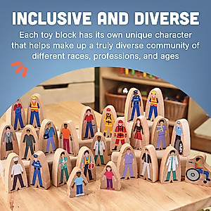 Constructive Playthings Wooden Community Helpers 25-Piece Wood Block Play Figurine Set, Freestanding Inclusive and Diverse Wood Toy Figures for Kids Ages 3+