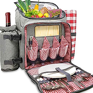 Nature Gear Picnic Backpack for 4 - Picnic Kit - 4 Person Insulated Picnic Set and Wine Backpack with Picnic Plates, Utensils, Cutlery, Waterproof Blanket, Cooler, and More - XL Classic Red