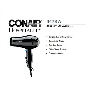 Conair 047BW Black 2 Heat / 2 Speed Hair Dryer - 1600W