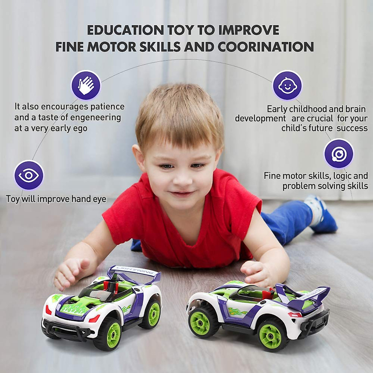 M MOOPAI Pull-Back Toy Cars Take Apart Race Car DIY Car Assembly Toy Tool Kit Build Your Own Car Educational Toy for Kids Boys & Girls Toys Aged 3+ (Purple Green)