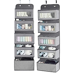 homyfort Over the Door Hanging Organizer Storage with 5 Large Pockets,Wall Mount Storage with Clear Windows and 2 Widened Metal Hooks for Pantry,Nursery,Diapers,Bathroom,kitchen,Closet,Dorm(Grey)