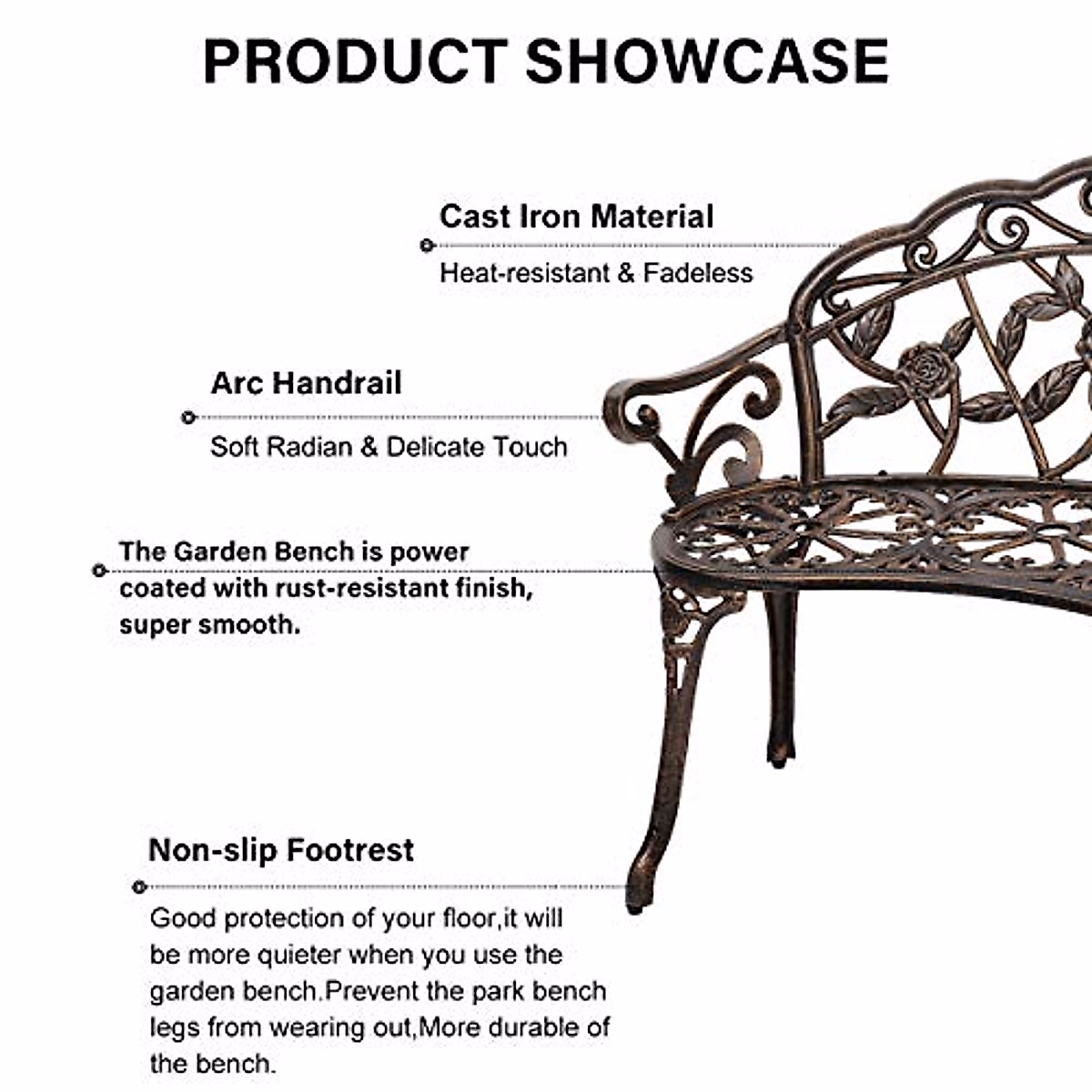 Patio Garden Bench Outdoor Metal Rose Loveseat,39in Cast Iron Well-Crafted Floral Back Antique Finish Park Chair,Accented Lawn Front Porch Path Yard Bronze Decor Deck Furniture for 2|Easy Assembly