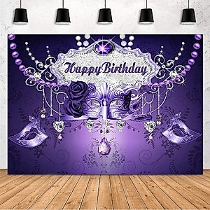 MEHOFOND Retro Masquerade Birthday Party Decorations Backdrop Mardi Gras Birthday Party Decoration Banner Purple Mask Birthday Supplies Photography Background Photo Booth Props Vinyl 7x5ft