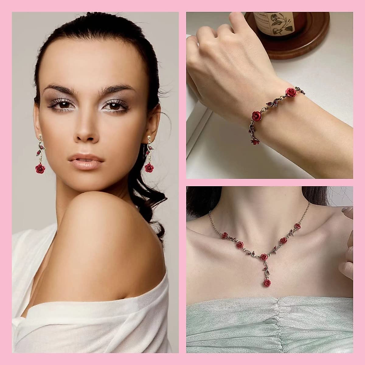 3 PCS 18 Gold Necklace Long Necklace For Women Girls Gold Rose Pendent Bracelet Flower Jewelry Dangle Earrings Set For Valentine's Day Mother's Day Gifts Wedding Gifts