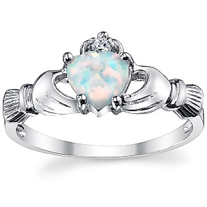 Sterling Silver 925 Irish Claddagh Friendship & Love Ring with Simulated Opal Heart 7