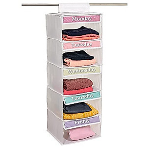 5-Shelf Weekly Clothes Organizer for Kids (33”) Weekday Clothes Organizer for Kids I School Clothes Organizer I Day of the Week Clothes Organizer for Kids I Monday through Friday Clothes Organizer