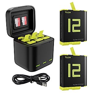 TELESIN Battery Charger Kit for GoPro Hero 12 Hero 11 Hero 10 Hero 9 Black, 2-Pack Batteries Triple USB Charger Fully Compatible with Original Go Pro 12 11 10 9 Camera Accessories