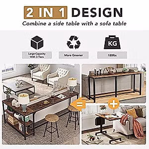 Tribesigns L Shaped Console Sofa Table, 82.67" Extra Long Sofa Tables with 3-Tier Open Storage Shelves, Reversible Entryway Table for Hallway, Industrial Behind Couch Table for Living Room