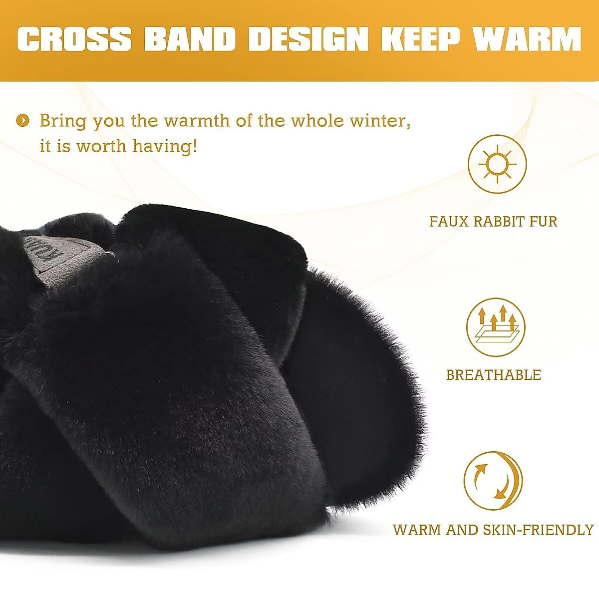 KuaiLu Womens Fuzzy Criss Cross Band Platform Slippers Back Strap Arch Support Furry Faux Fur Ladies Open Toe Slingback Slide Cozy Soft Plush Fleece Comfy House Shoes Sandals Indoor Outdoor Black 8