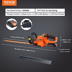 VEVOR Cordless Hedge Trimmer-20V Electric Bush Trimmer Kit with 18 inch Double-Edged Steel Blade, 180° Rotating Handle and Blade Cover for Your Safety(2.0Ah Battery & Fast Charger Included)