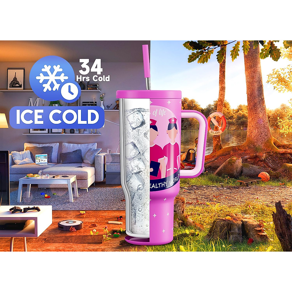 Meoky 40 oz Tumbler with Handle and Straw, Tumbler with Lid and Straw, Insulated Stainless Steel Travel Mug, 100% Leak-proof, Keeps Cold for 34 Hours (Appreciation)