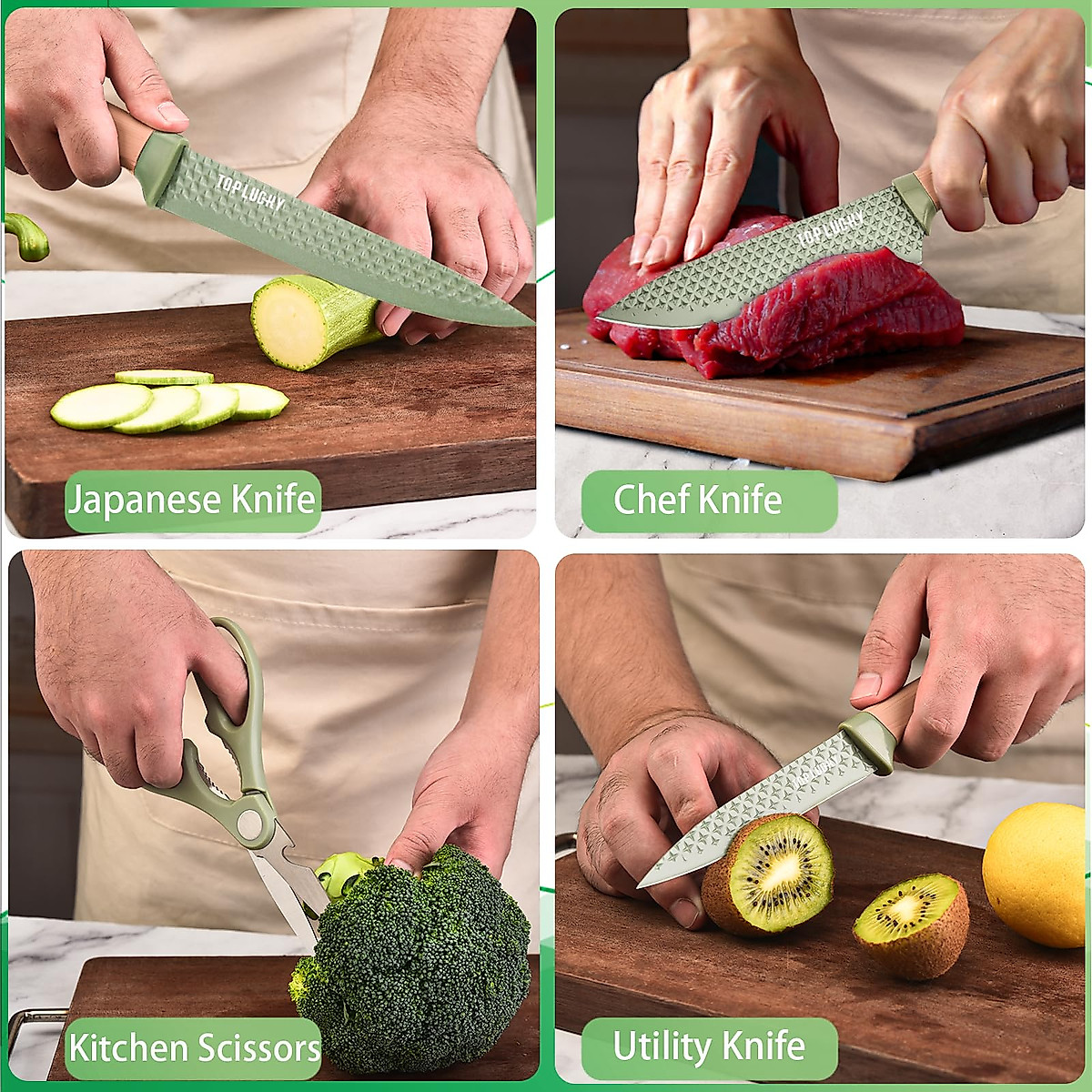 Knife Set, 6 Pieces Professional Kitchen Knife Set with Universal Knife Block, Super Sharp Knife Set with Ergonomic Handle Non-stick Stainless Steel Knife Block Set (Green)