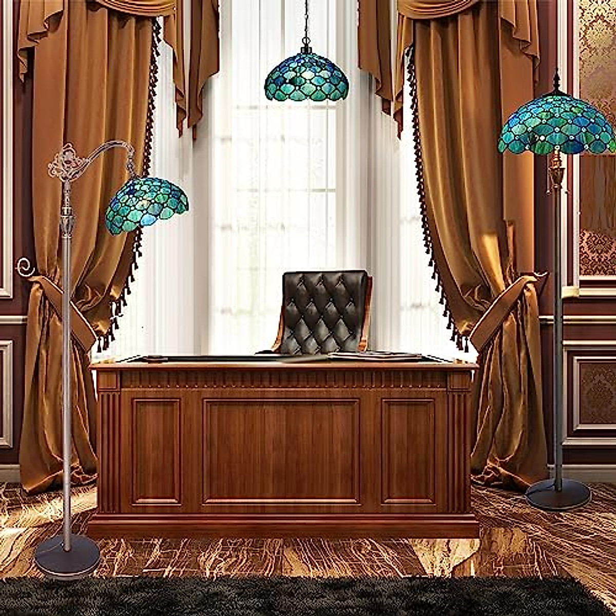 ZJART Tiffany Lamp Blue Stained Glass Peal Bead Style Reading Table Lamp W16H24 Inch Bedside Nightstand Desk Work Study Desktop Light Decor Home Kids Bedroom Living Room Office Pull Chain Switch