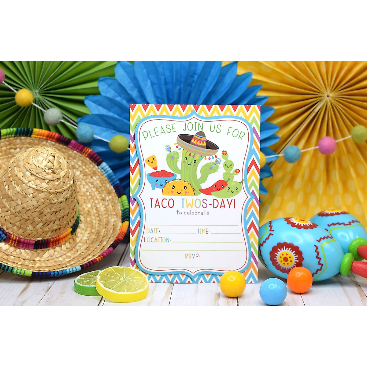 Taco TWOS-DAY Adorable 2nd Birthday Fiesta Party Invitations, 20 5x7 Fill In Cards with Twenty White Envelopes by AmandaCreation