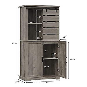 HOSTACK Tall Farmhouse Storage Cabinet, Sliding Barn Door Kitchen Cabinet with Adjustable Shelves, Freestanding Bookcase Buffet Cabinet for Kitchen, Dining Room, Living Room, Home Office, Ash Grey