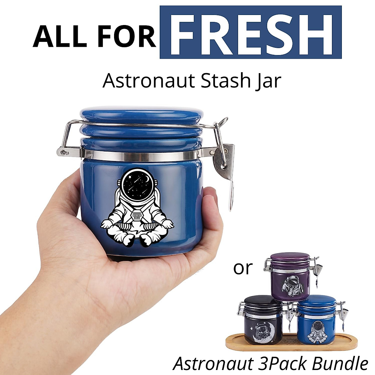 Smell Proof Jar Half Oz (250ml), Ceramic Smell Proof Containers, Stash Jar with Clamp Lid - Double Sealed Airtight Jar, Separate Space for Humidity Pack To Keep Herbs, Spices Fresh For Months - Blue