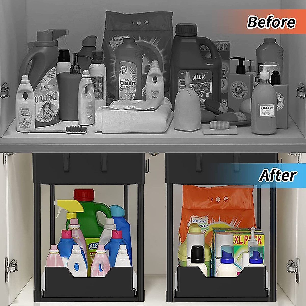 2 Pack Under Sink Organizer Storage with Sliding Cabinet Basket 2 Tier Multi-Purpose Under Sink Organizer and Storage for Bathroom Kitchen with 4 Hooks,2 Pack,Black