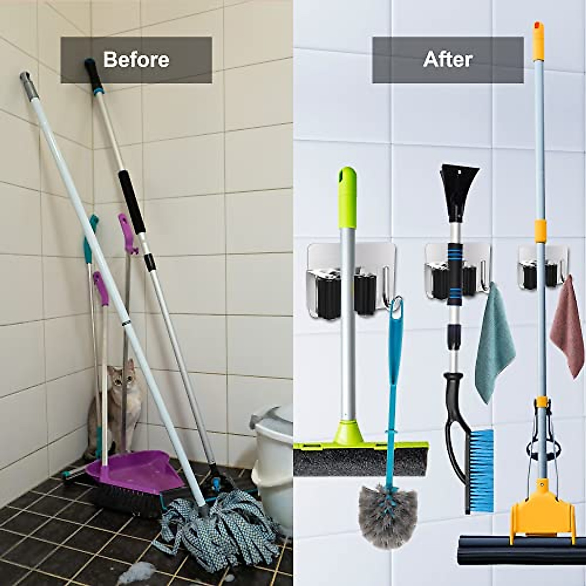 3Pcs Mop & Broom Holder Wall Mount, Broom Holder Self Adhesive Mop Rack Broom Hanger Heavy Duty Broom Storage Tool Organizer for Kitchen, Garage, Garden, Bathroom, Basement, Storage Room