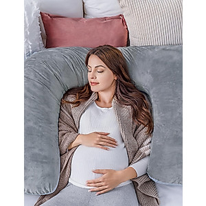 AngQi Body Pregnancy Pillow,L-Shaped Pregnancy Pillow for Side Sleepers,Maternity Body Pillow with Velvet & Jersey Cover, Gray＆Blue