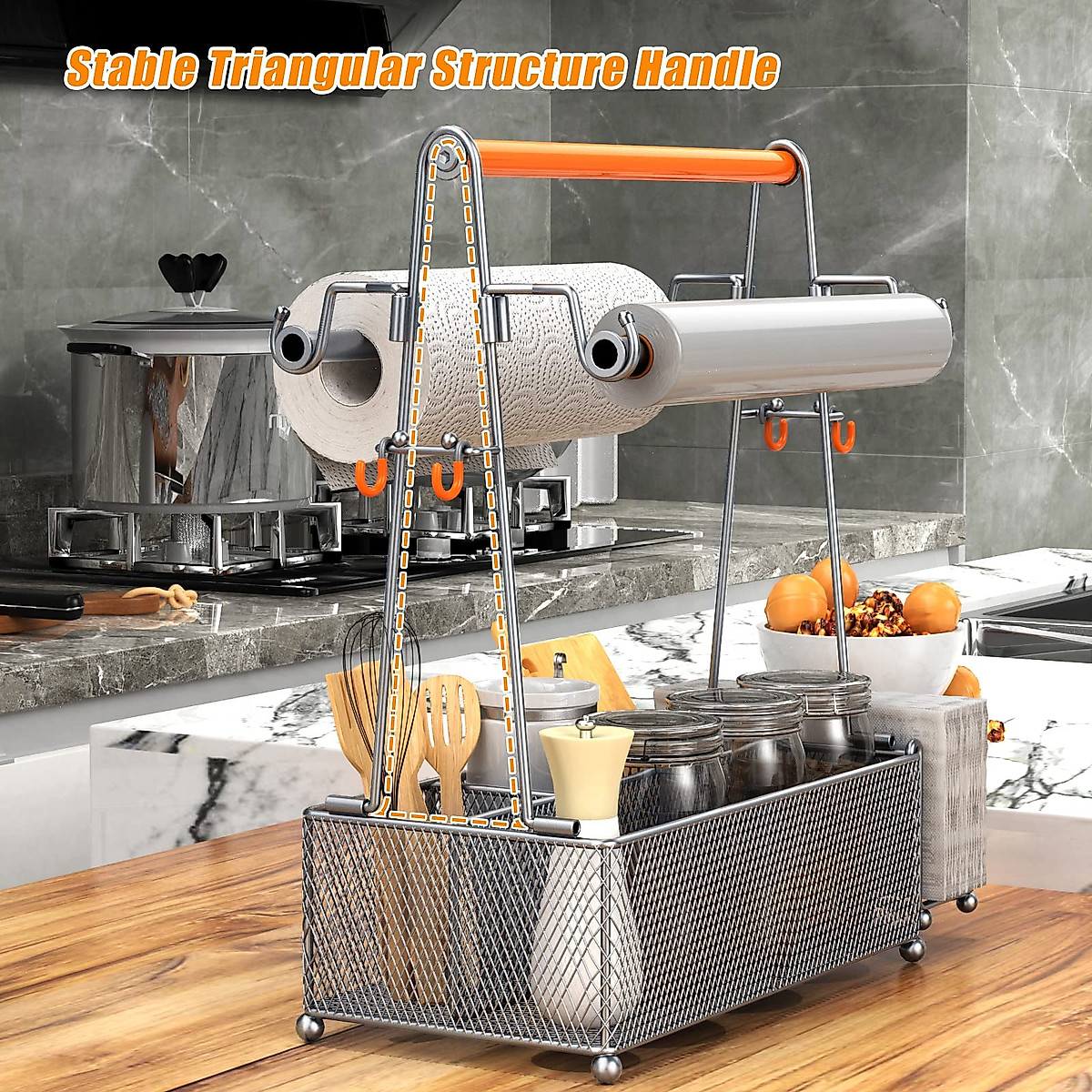 PHINOX Utensil Caddy, Silverware Caddy Condiment Caddy, Utensil Holder for Party, Picnic Flatware Caddy with Handle and Paper Towel Roll Holders, Utensil Cutlery Caddy for Camping, Kitchen (Silver)