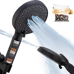 Ryamen Filtered Shower Head with Handheld，Black High Pressure 9 Spray Mode Showerhead with Hose,Bracket and Minerals Stones Replacement Filters for Hard Water,Anti-clog & Powerful to Clean