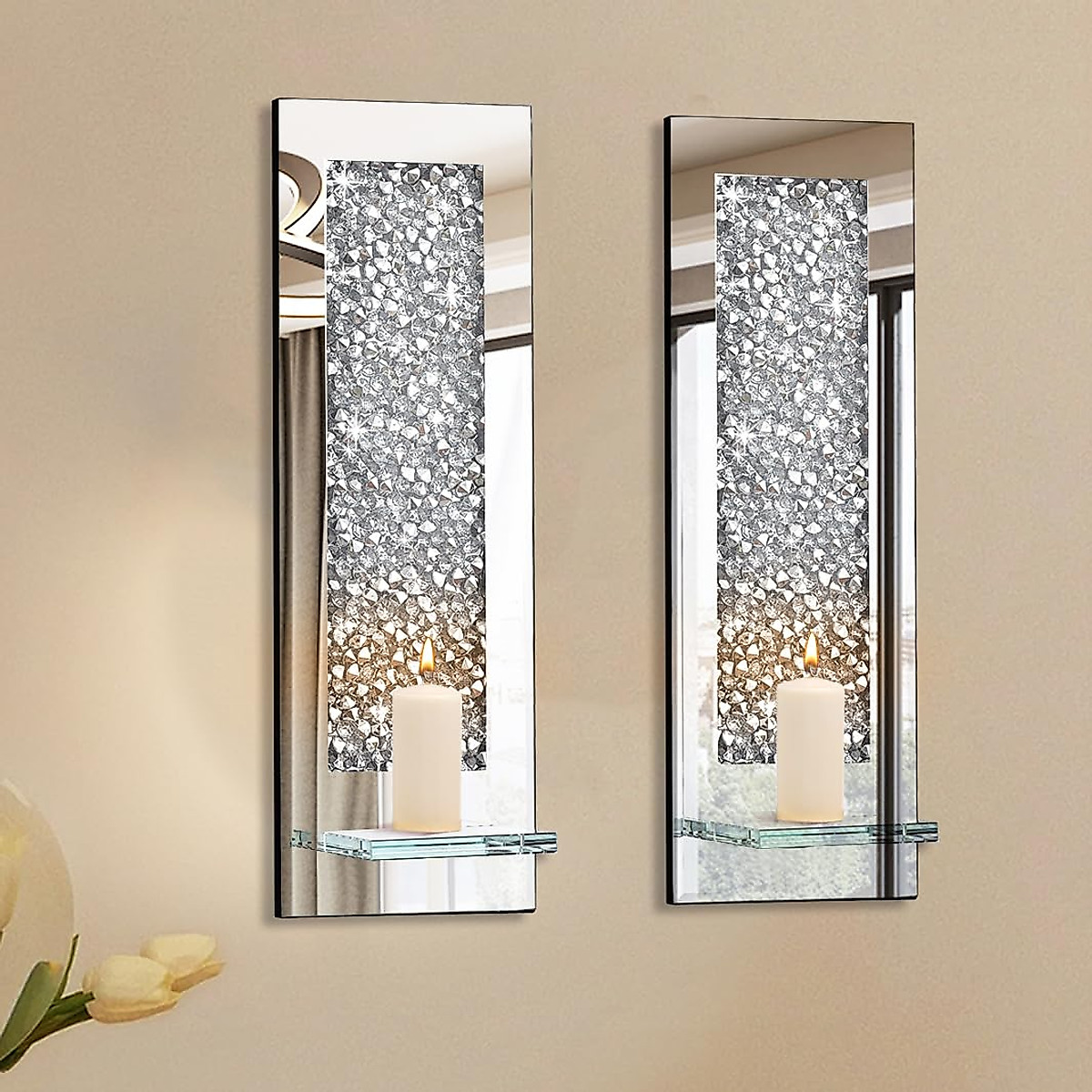 Pibeyer Crystal Crush Diamond Wall Candle Holder Set of 2, Rectangle Silver Mirrored Candle Sconces, Home Wall Decoration for Living Room,Dining Room & Bedroom