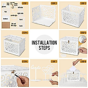 Wedding Card Box, KPOSIYA Hollow Out Wooden Card Box with Lock & Card Sign & Lace Table Mat , Wedding Decorations Card Receiving Box Card Box for Wedding Reception Birthday Party Baby Shower Anniversaries (White, Card box)