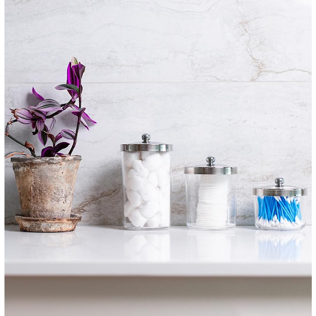 Huang Acrylic Chrome Lid Clear Cosmetic Container | Store Q-Tips, Cottonballs, Cotton Rounds | Perfect Counter Top or Shelf Storage | Large