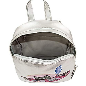 Rising Phoenix Industries Faux Leather Metallic Silver Backpack Purse Bag with Fun Kitty Cat in Spaceship Design for Women (Silver)