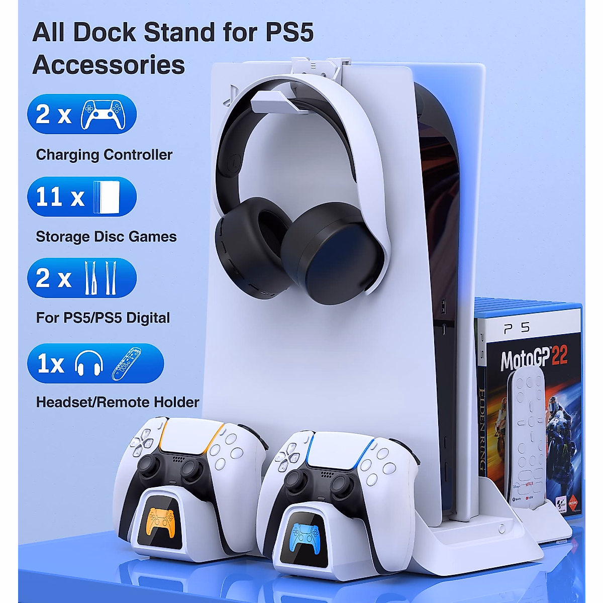 PS5 Stand with Cooling Station&Dual Controller Charger for Playstation 5 PS5 Console, CYKOARMOR PS5 Accessories with 5V/3A Adapter, PS5 Base with Cooler Fan, Charging Dock and Game Holder White