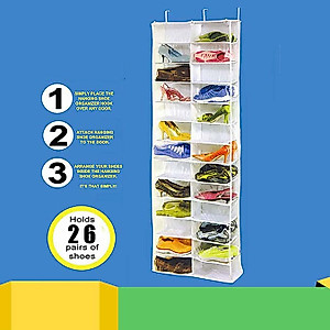 kamuavni Over the Door Shoe Shelves with 26 Clear PVC Pockets Hanging Shoe Rack for Door, Shoe Organizer for Closet, Shoe Holder Storage Organizer Hold 26 Pair Shoes (White)