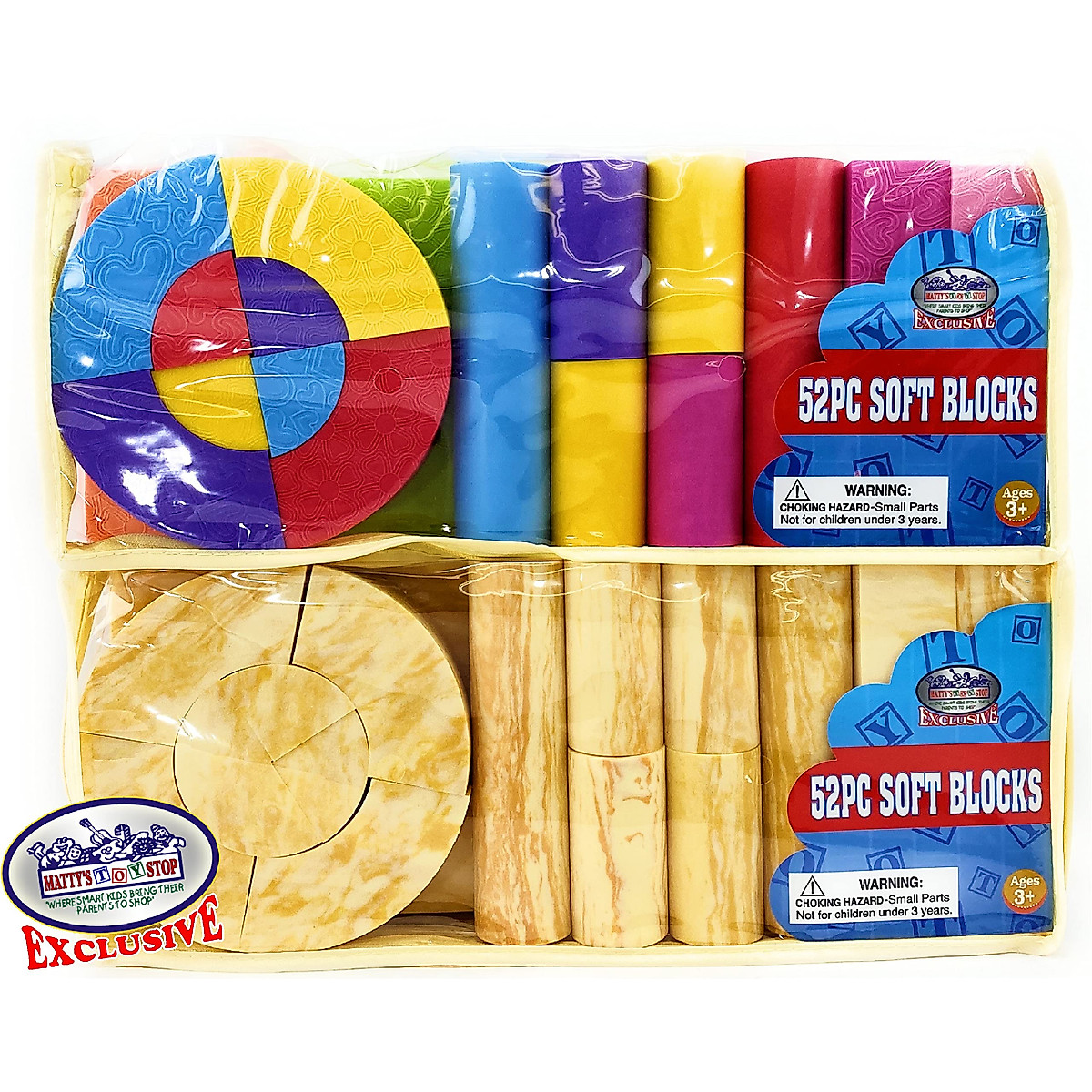 Matty's Toy Stop Deluxe EVA Soft Foam Colorful Building Blocks (52 PCS) & Wood Grain Soft Building Blocks (52 PCS) Gift Set Bundle with Carry Cases - 2 Pack (104 PCS Total)