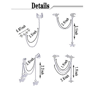 Ofeiyaa 6Pcs Tassel Ear Cuff Butterfly Snowflake Flower Star Moon Leaf CZ Cuff Earring Chain Set Crawler Climber Dangling Chain Wrap Clip on Earrings Jewelry for Women Men