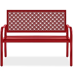 Best Choice Products Outdoor Bench 2-Person Metal Steel Benches Furniture for Garden, Patio, Porch, Entryway w/Geometric Backrest, 790lb Capacity - Rose Red