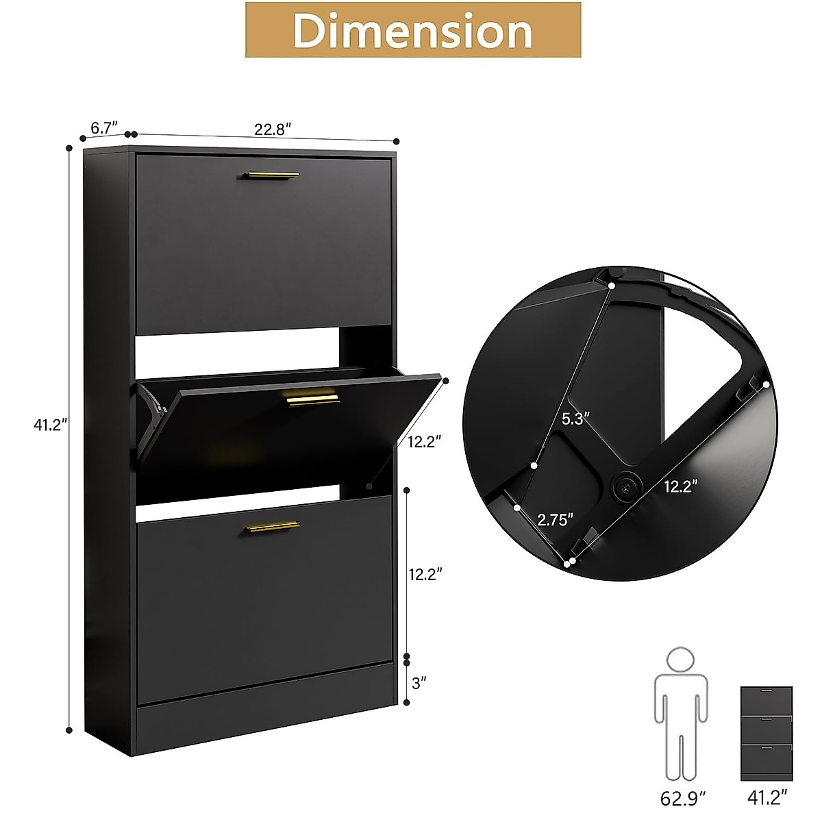 LYNSOM Shoe Cabinet, Free Standing Tipping Bucket Shoe Rack Organizer with 3 Flip Drawers, Modern Entryway Shoe Storage with Top Display, Narrow Slim Hidden Shoe Cabinet (Black)