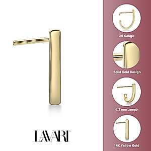 Lavari Jewelers 20 Gauge L Shaped Faux Hoop Nose Ring for Men or Women - 14k Yellow Gold Nose Stud Piercing - 20G Unisex Hypoallergenic Body Piercing Jewelry