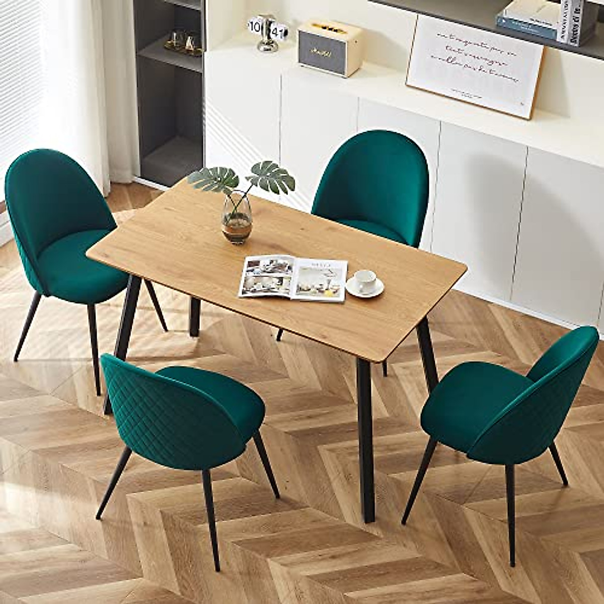 NORDICANA Dining Table Chair Set, 5 Piece Rectangular 49 in Faux Wood Grain Dinner Table with Kelly Green Velvet Upholstery Side Chairs for 4 People, Space-Saving for Dining Room, Kitchen