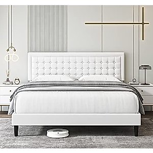 HIFIT King Size Bed Frame, Upholstered Platform Bed with Button Tufted Adjustable Headboard, Modern Faux Leather Upholstered Mattress Foundation, No Box Spring Needed, Easy Assembly, White