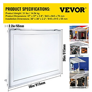 VEVOR Concession Window for Food Trucks 36 x 36 Inch, Concession Stand Serving Window Door with Double-Point Fork Lock, Concession Awning Door Up to 85 Degrees, Glass Not Included
