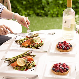 MATANA 40 Fancy White Plastic Plates for Party with Silver Rim - Heavy Duty Square Dinner Plates 9.5" Inch x 20, Salad & Dessert Plates 6.5" Inch x 20 for Wedding Reception, Birthday Parties & Events